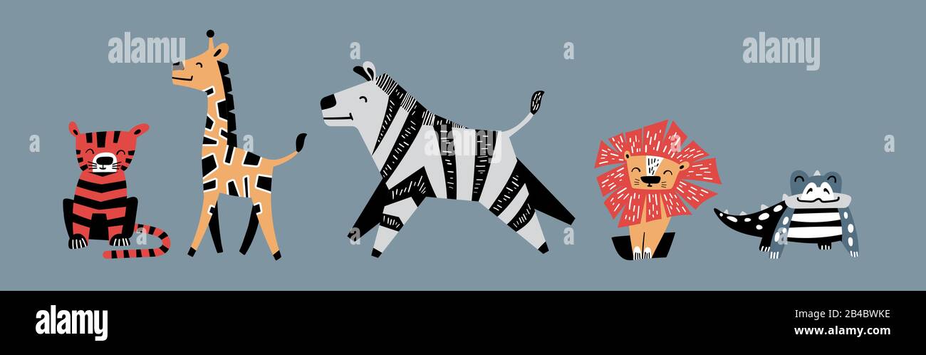 Cute cartoon african animals set. Hand drawn characters collection ...