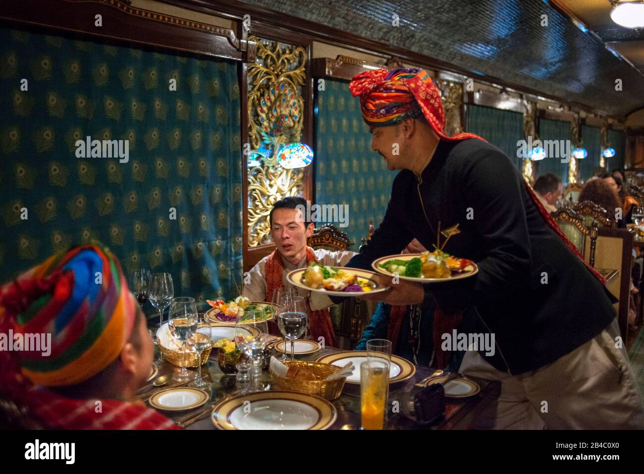 European food served inside one of the dining cars of the Luxury train ...