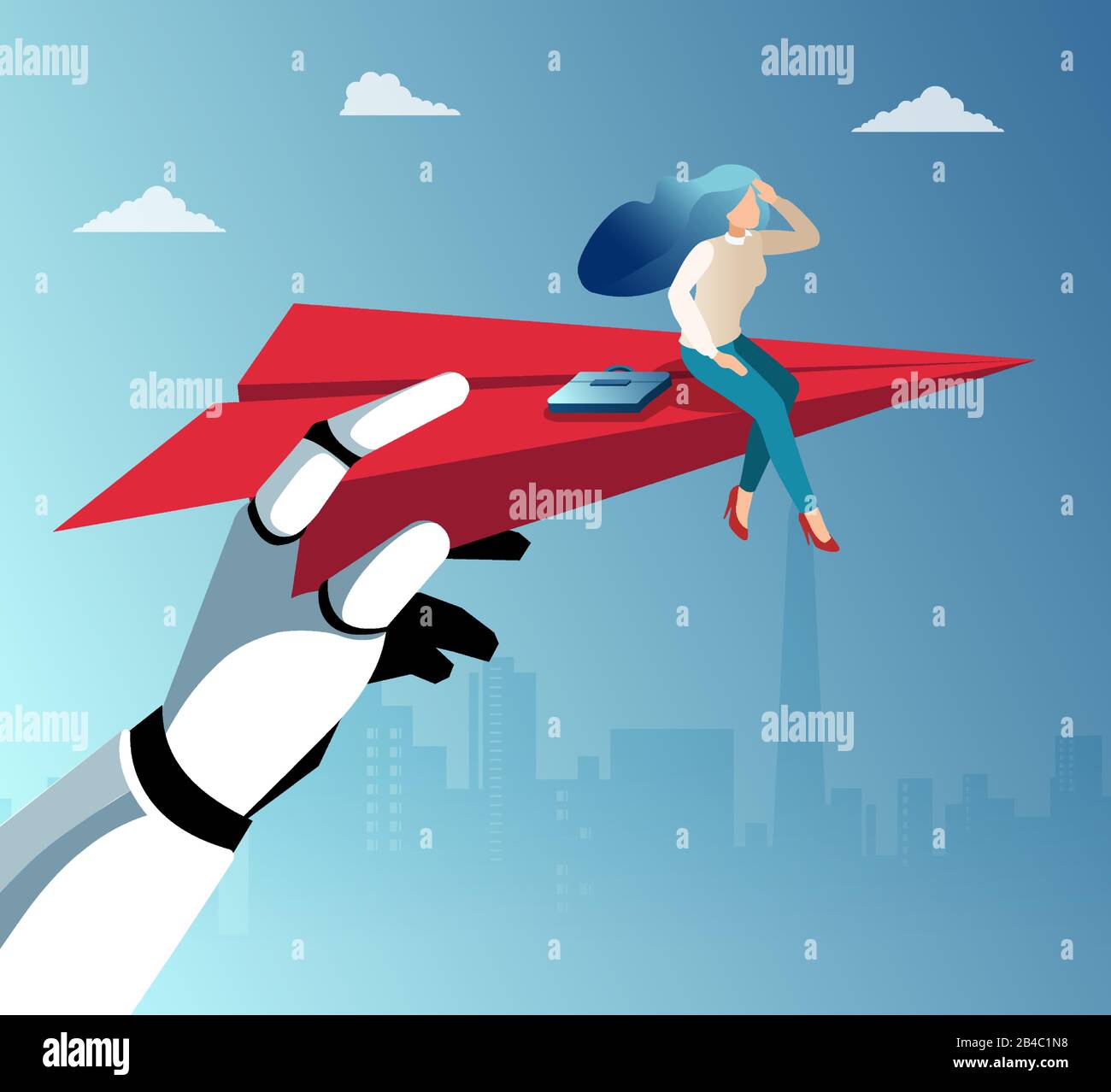 Vector of a robot hand holding paper plane with a female student ...