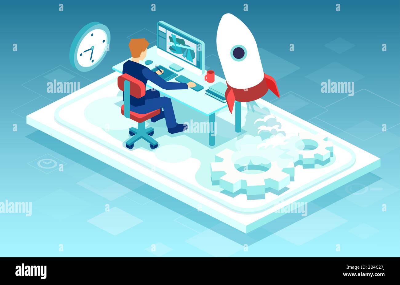 Vector of a businessman working on computer launches a startup a rocket ...