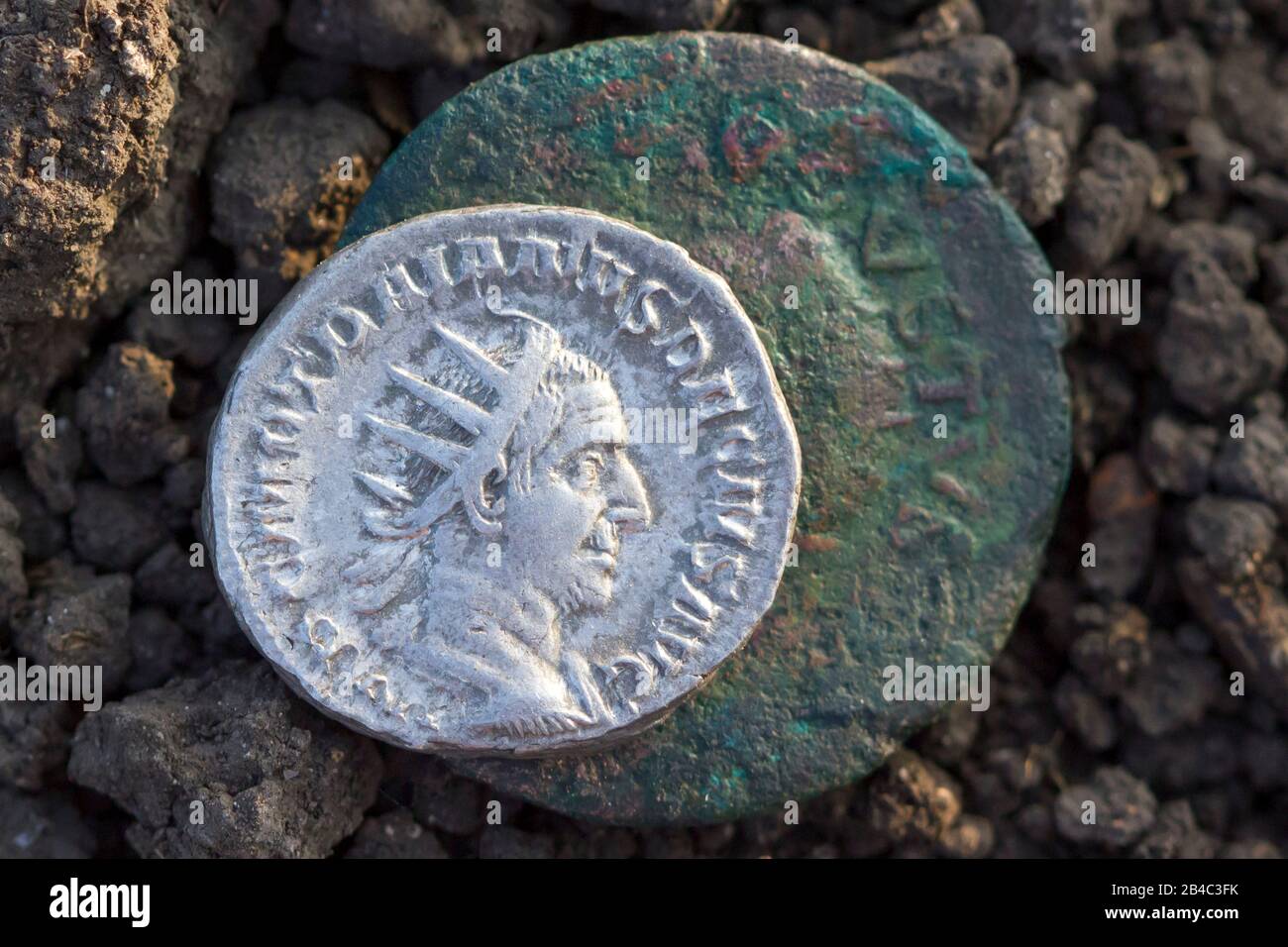Ancient Roman silver coin showing the portrait of the emperor Stock ...