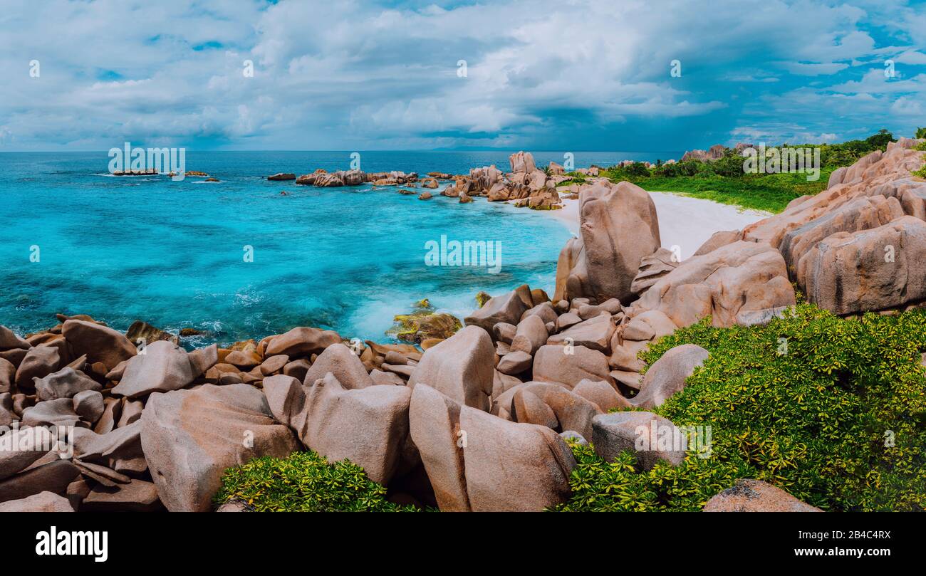 Tropical island landscape, the path for a secret beautiful beach, Anse ...