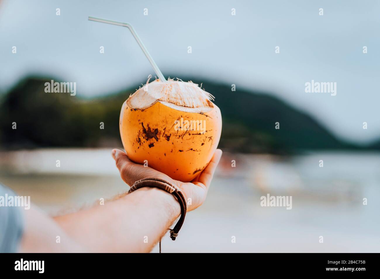 Hand holding coconut on beach hi-res stock photography and images - Alamy