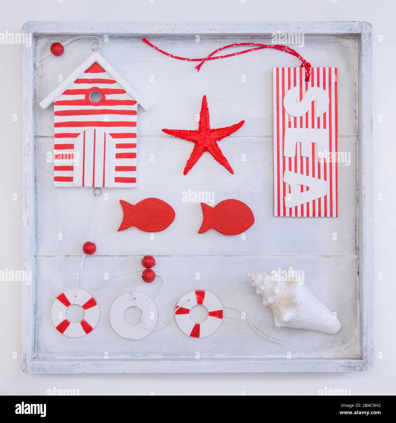 red and white maritime still life with natural and decoration objects ...