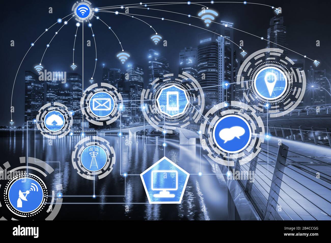 Smart City Wireless Communication Network With Graphic Showing Concept Of Internet Of Things