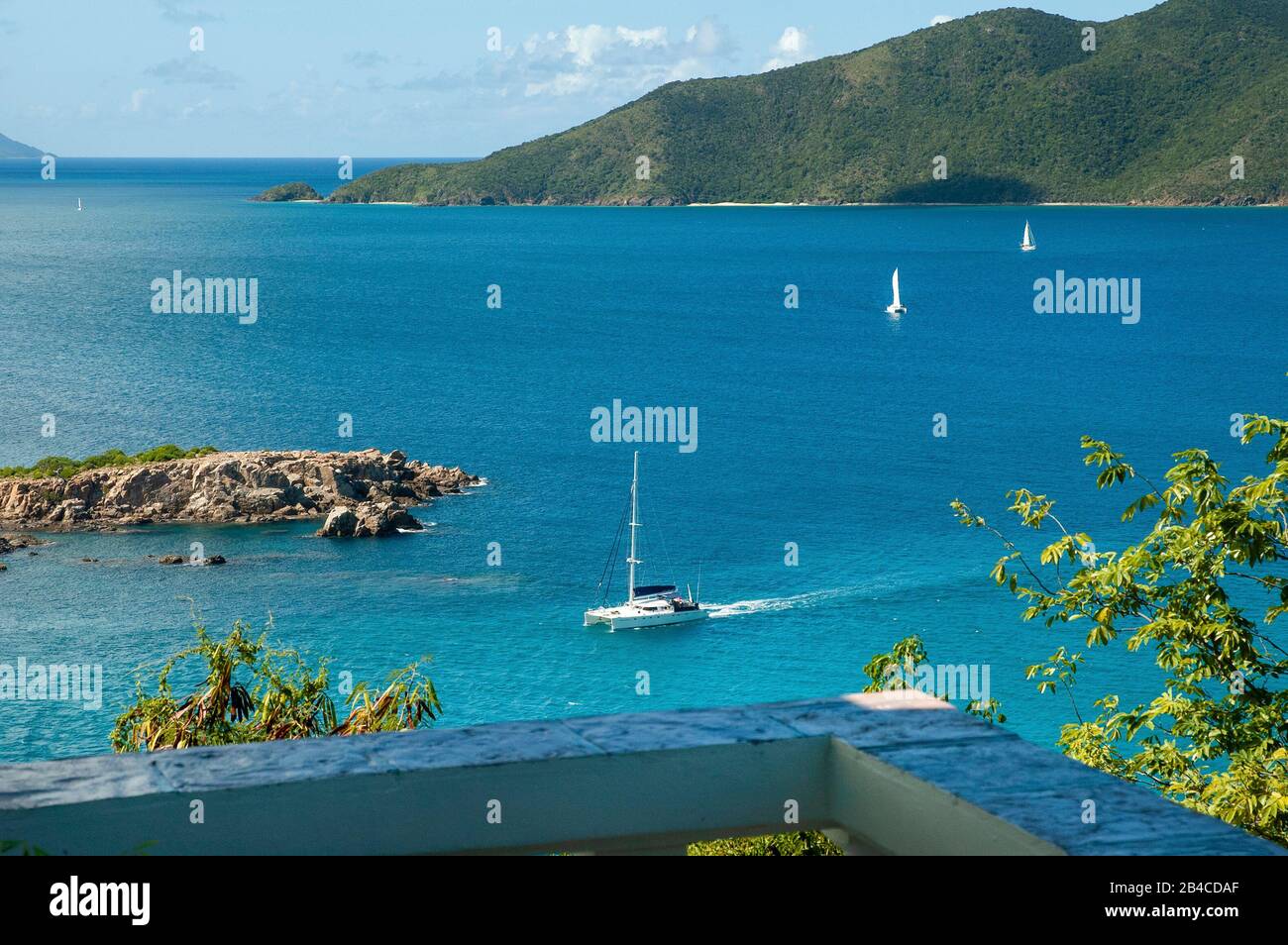 Panoramic view with catamaran from Great Camanoe Island to Guana Island ...