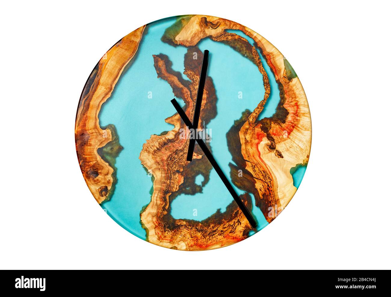 Beautiful wooden wall clock made of tree root and epoxy isolated on a ...