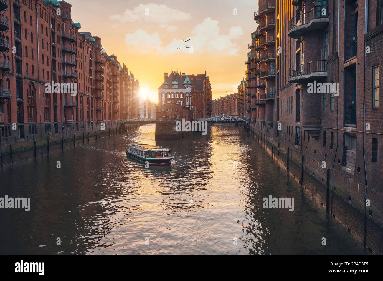 Old warehouse, historic warehouse district in Hamburg in the golden ...