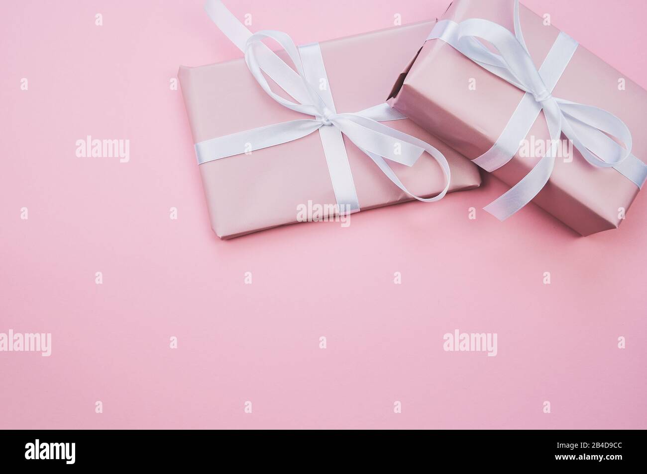 two pink wrapped presents lying on pink background, with copy space ...