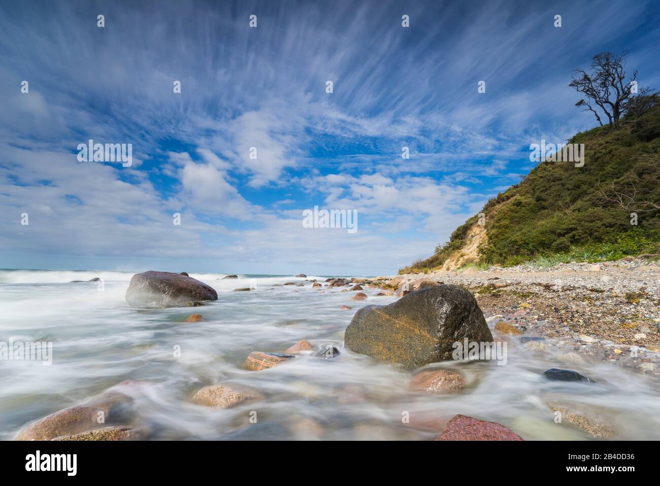 Baltic Sea, shore, stones, steep bank, sky, long-term exposure Stock ...