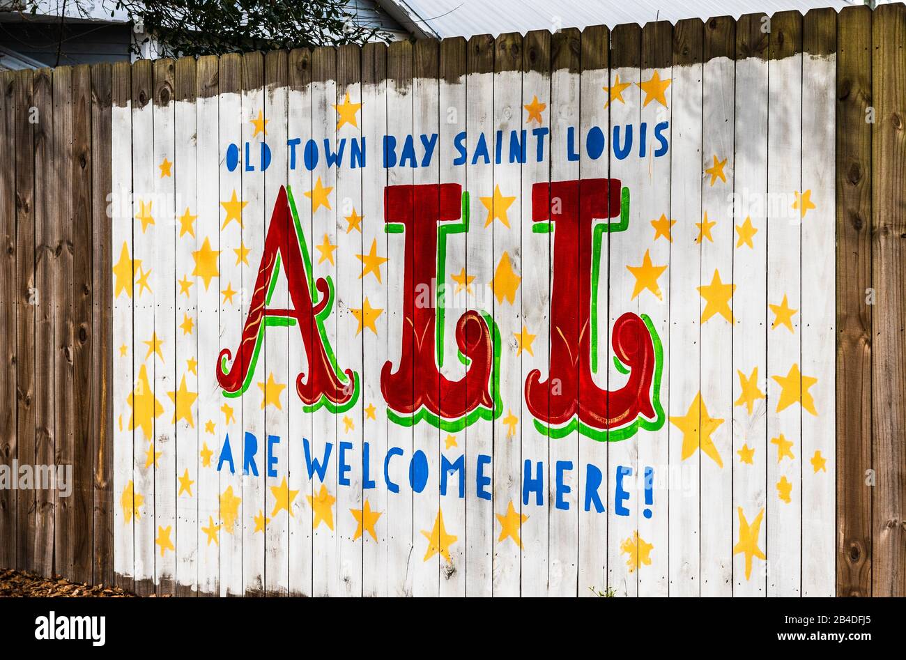 All Are Welcome Here sign, Bay St Louis, Mississippi, USA Stock Photo ...