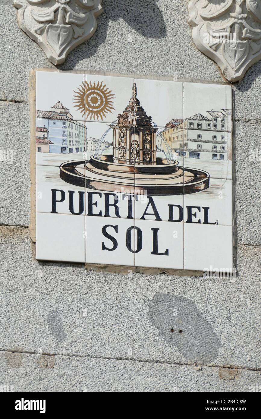 Puerta del Sol, street sign, azulejos, spanish tiles, center, old town ...
