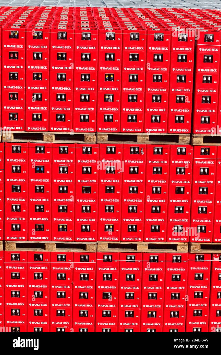 Stacked red Haake-Beck beer crates, Beck brewery GmbH & Co. KG, Bremen ...