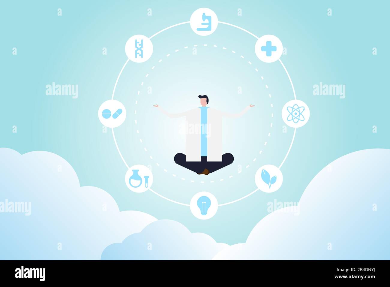 Science vector illustration. Scientist float above the clouds with ...