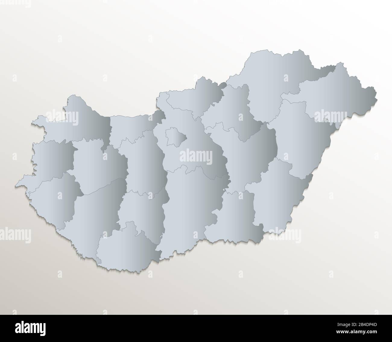 Hungary map, administrative division, white blue card paper 3D blank ...