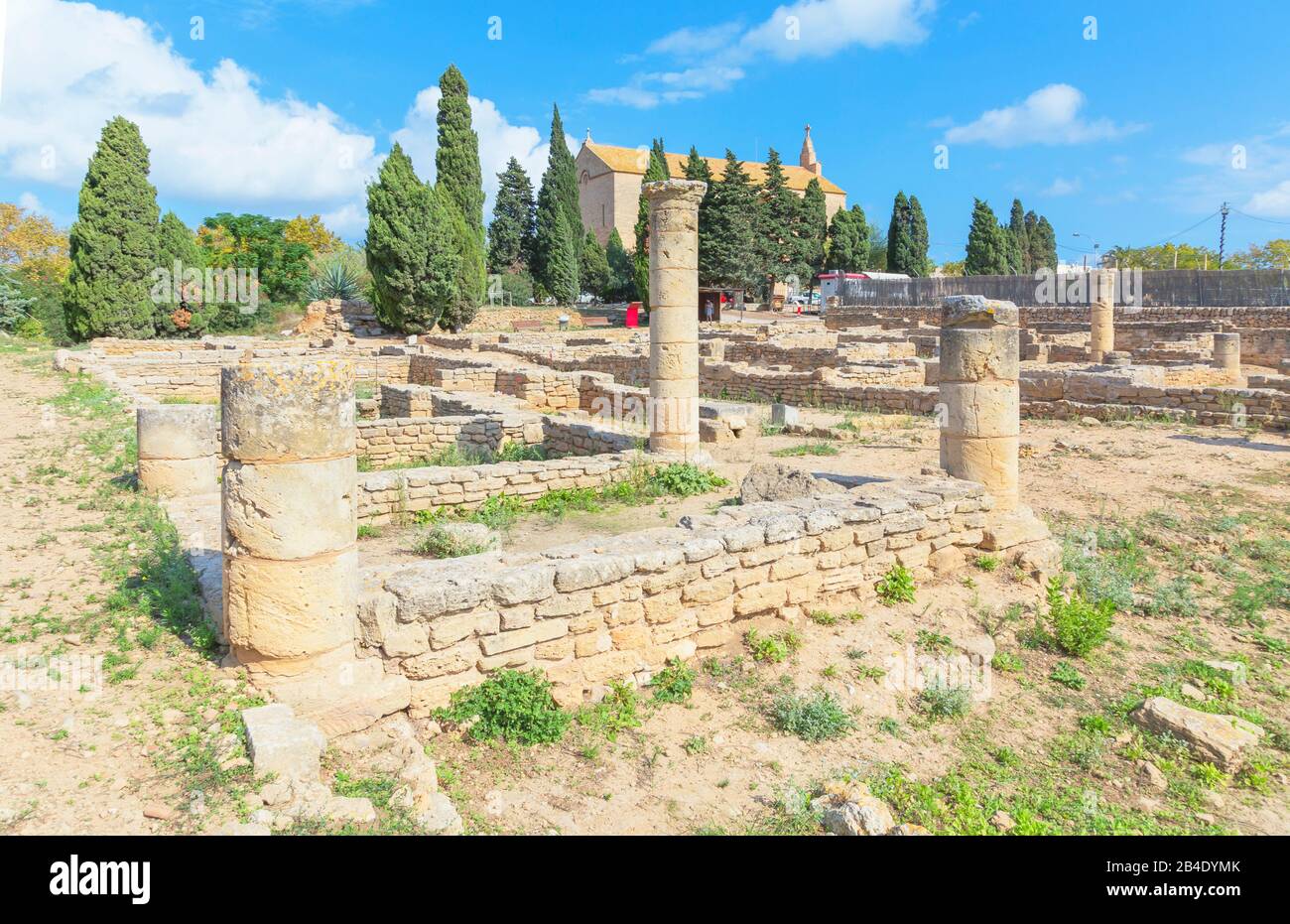 Ruins of the old Roman city of Pollentia and Saint jaume church in ...
