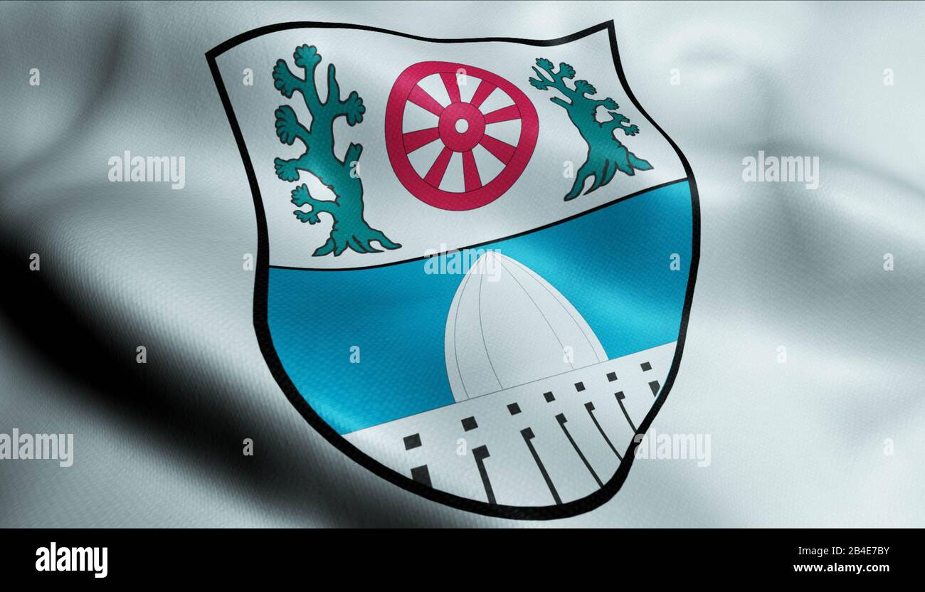 3D Illustration of a waving coat of arms flag of Garching bei Munchen ...