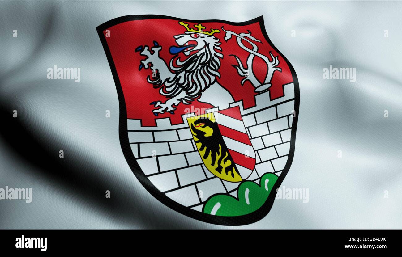 3D Illustration of a waving coat of arms flag of Grafenberg (Germany ...