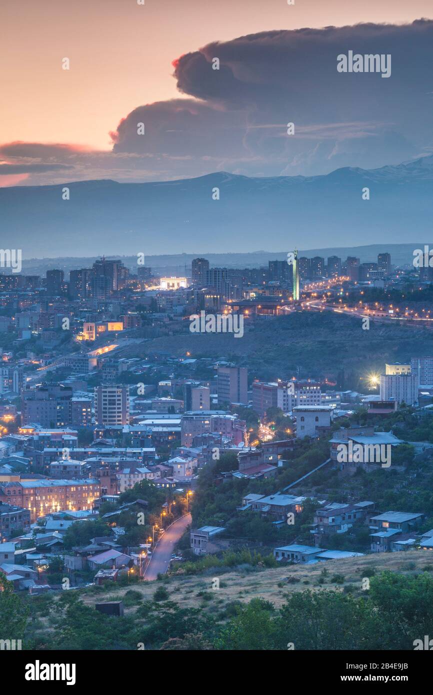 Armenia, Yerevan, high angle city skyline from the east, dusk Stock ...