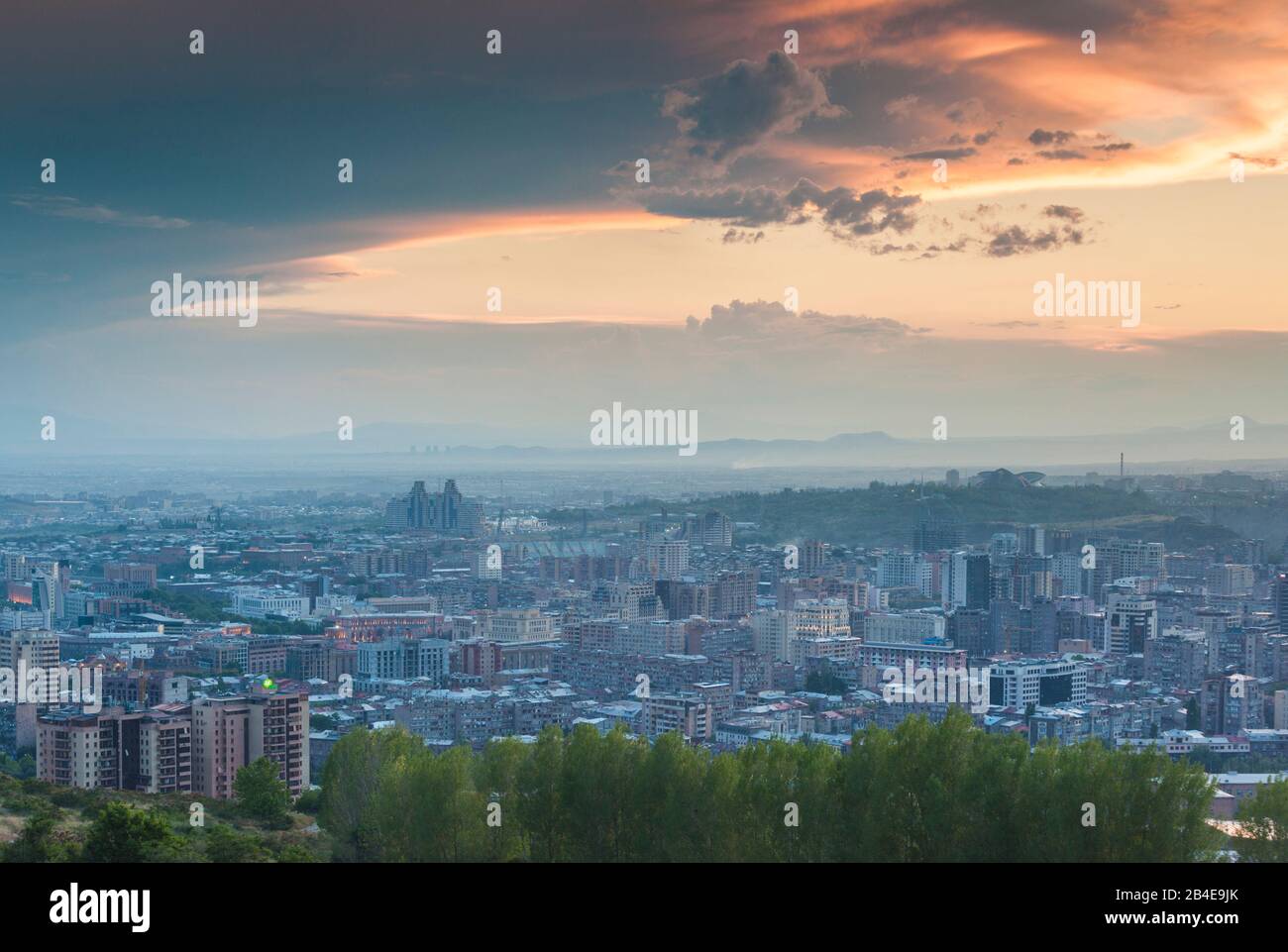 Armenia, Yerevan, high angle city skyline from the east, dusk Stock ...