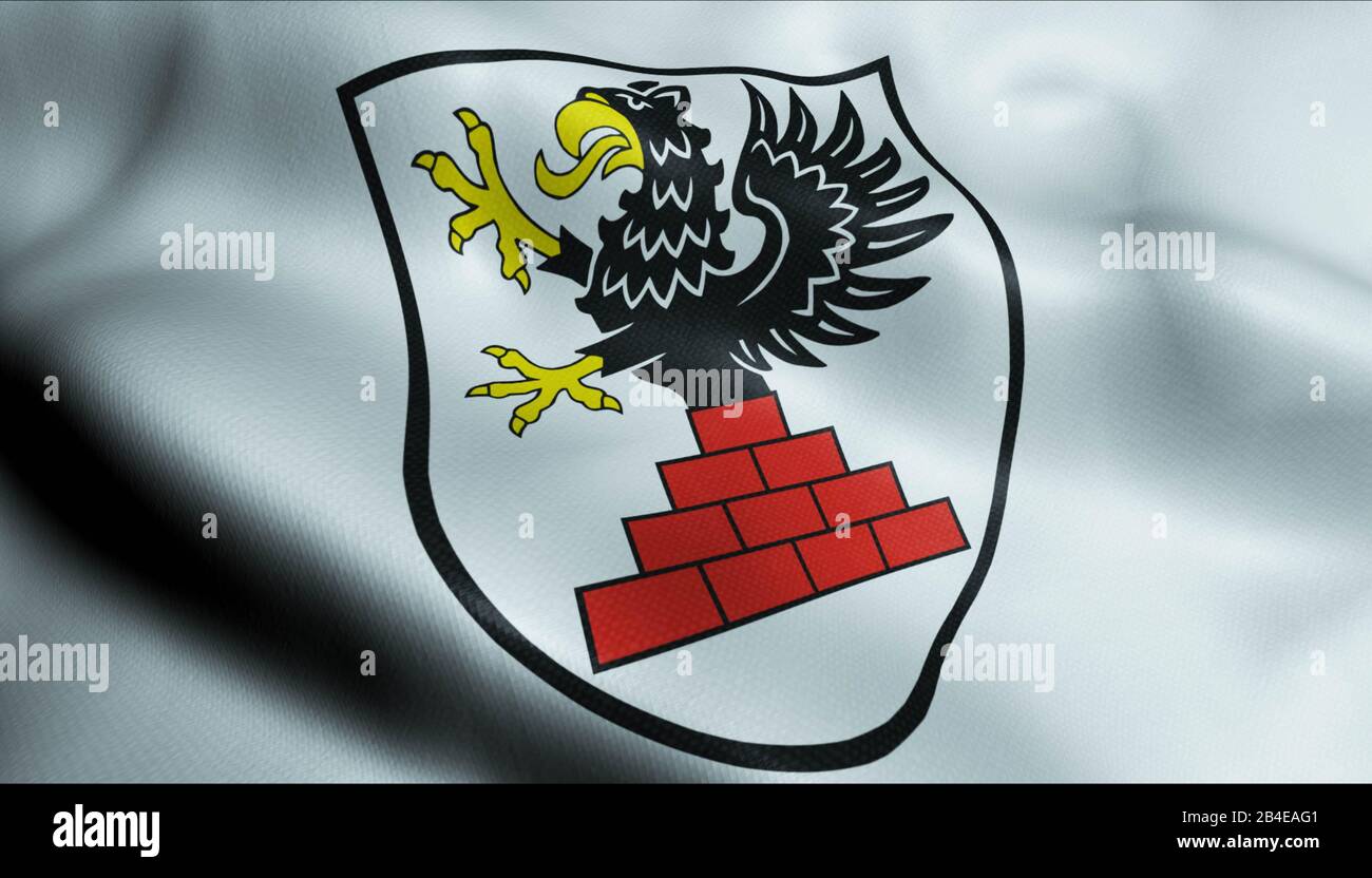 3D Illustration of a waving coat of arms flag of Grimmen (Germany ...