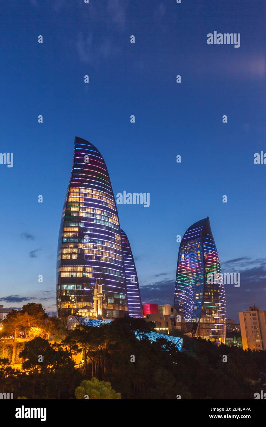 High angle skyline view with the flame towers hi-res stock photography ...