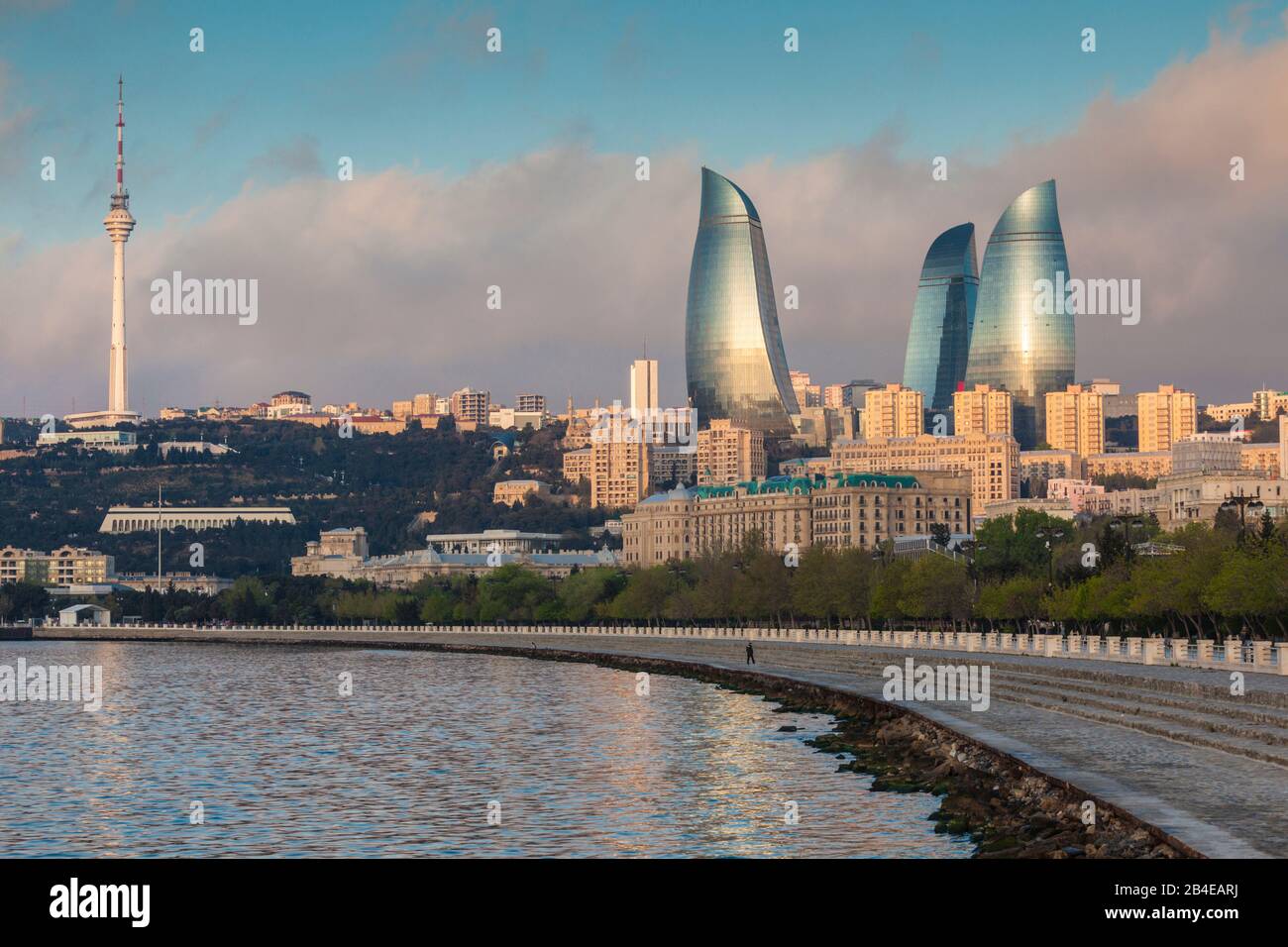 Azerbaijan, Baku, city skyline with Baku Television Tower and Flame ...