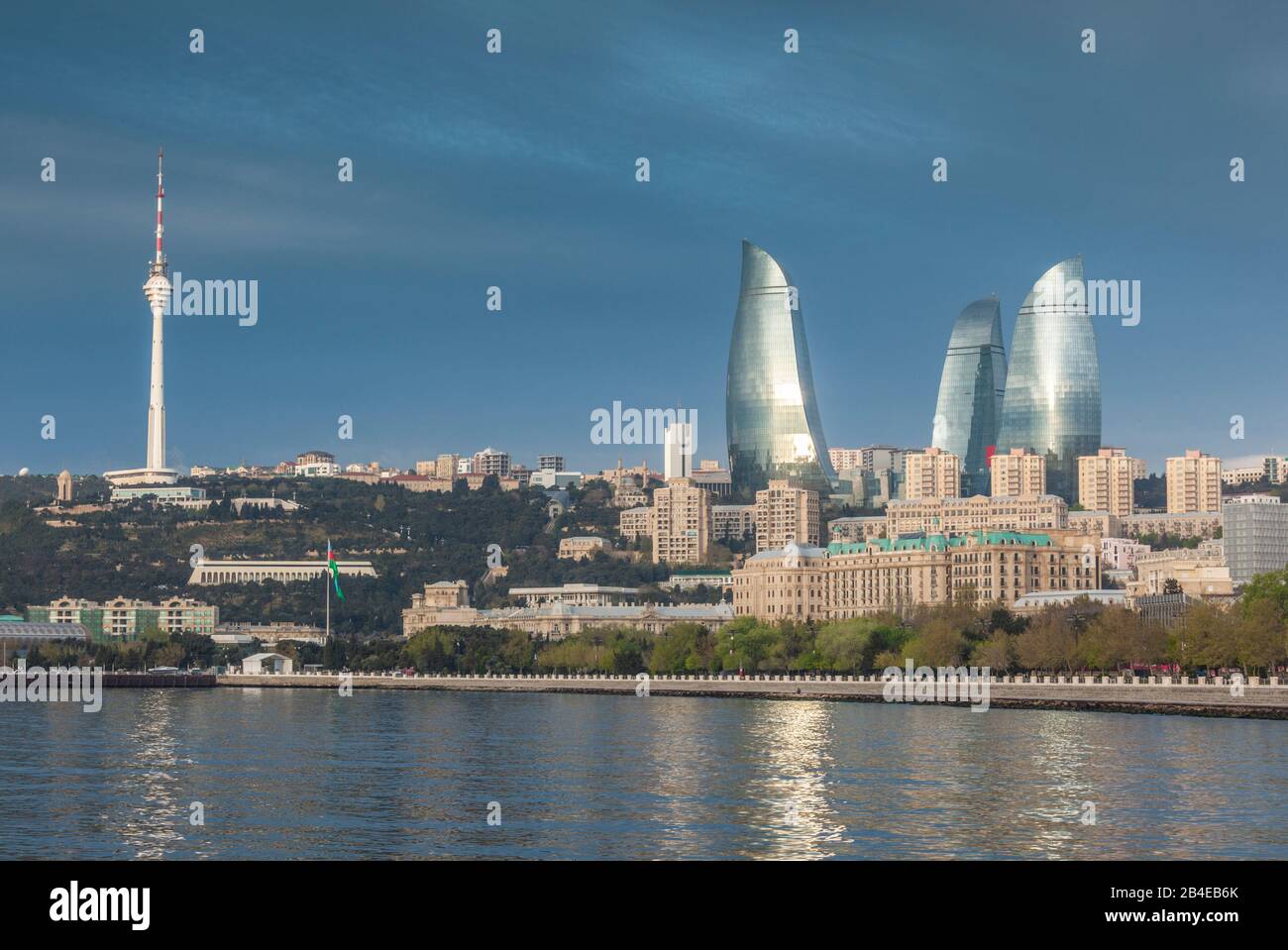 Azerbaijan, Baku, city skyline with Baku Television Tower and Flame ...