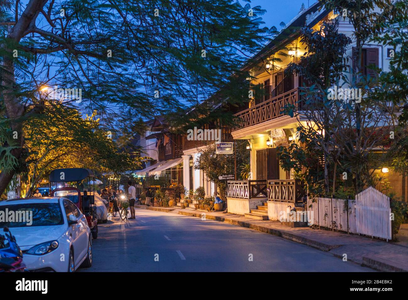 Laos, Luang Prabang, Mekong Riverfront buildings on Khem Khong Road, evening Stock Photo - Alamy