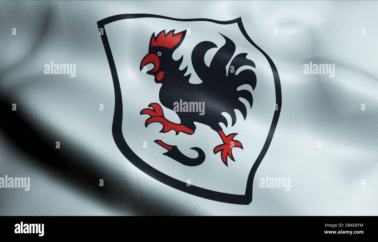 3D Illustration of a waving coat of arms flag of Haan (Germany country ...