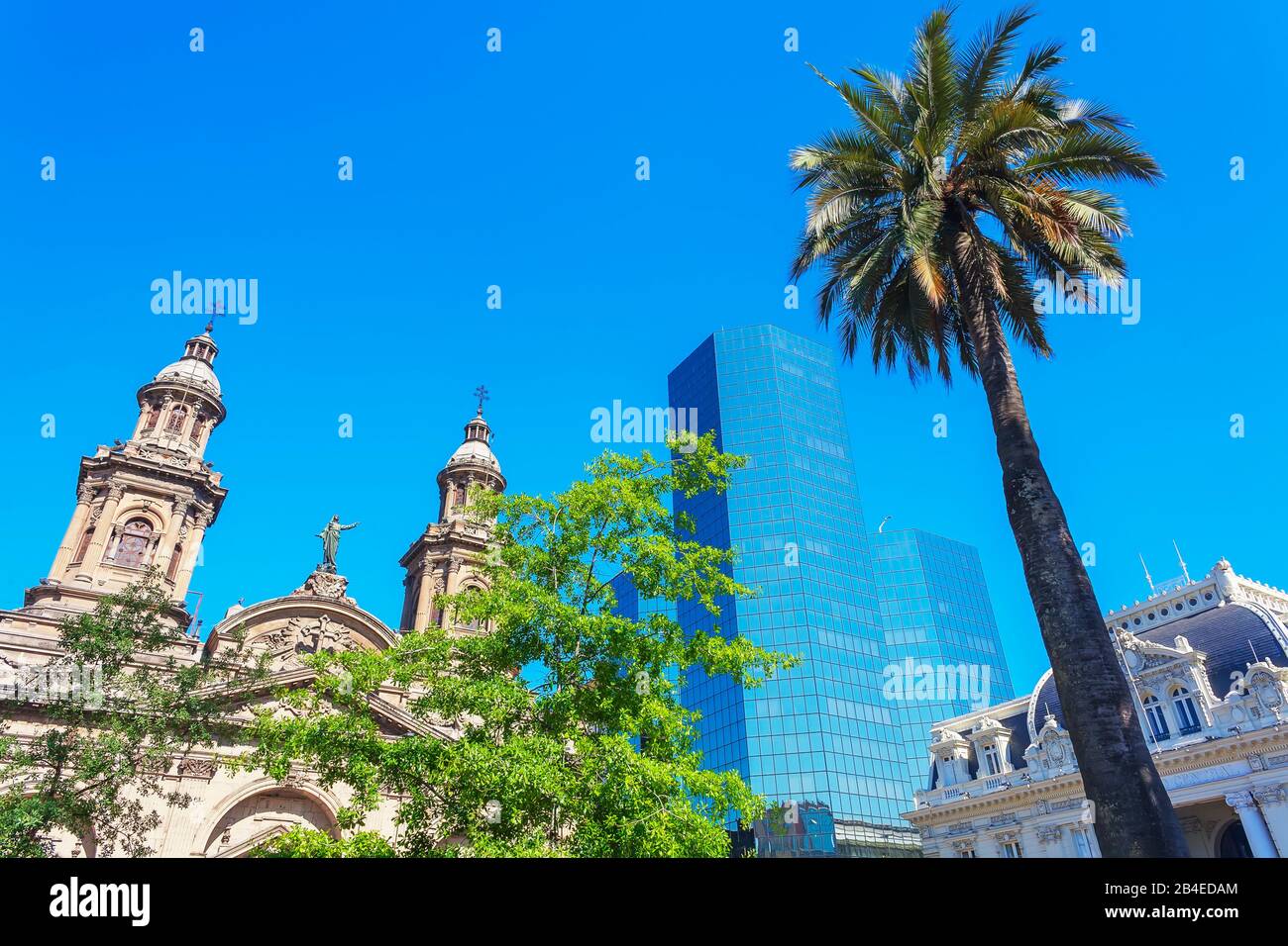 Metropolitan Cathedral and downtown modern building, Santiago de Chile ...