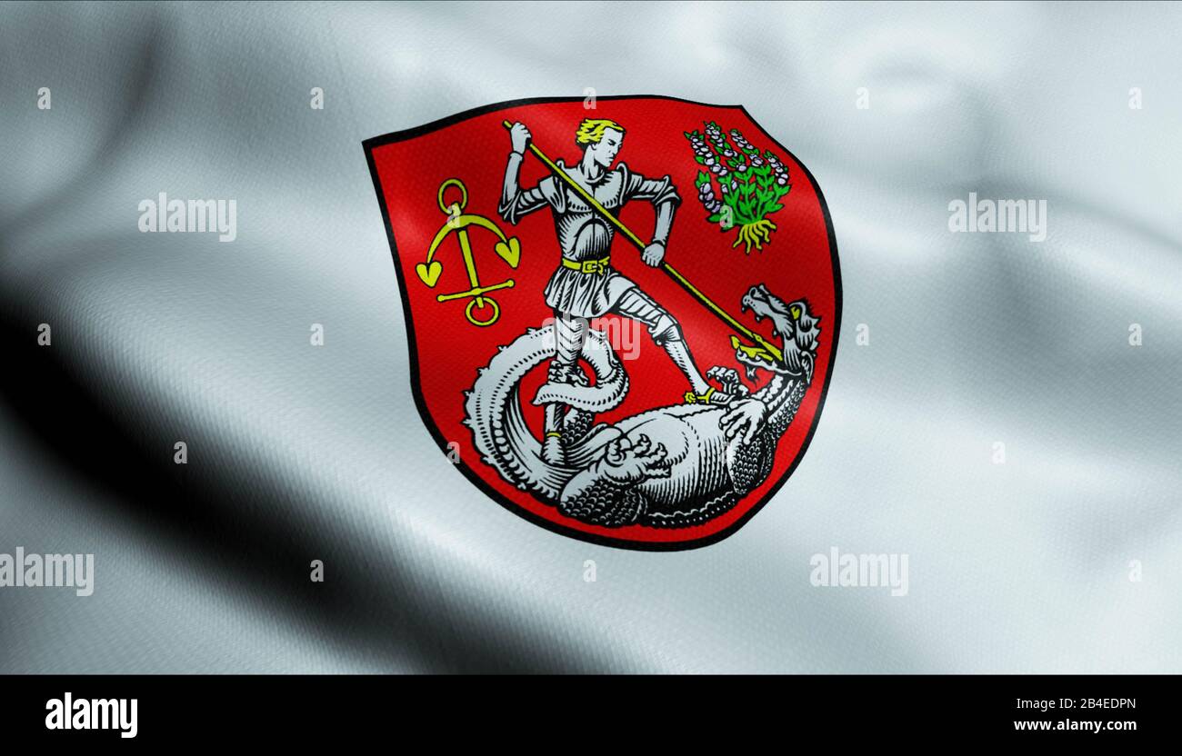 3D Illustration of a waving coat of arms flag of Heide (Germany country ...