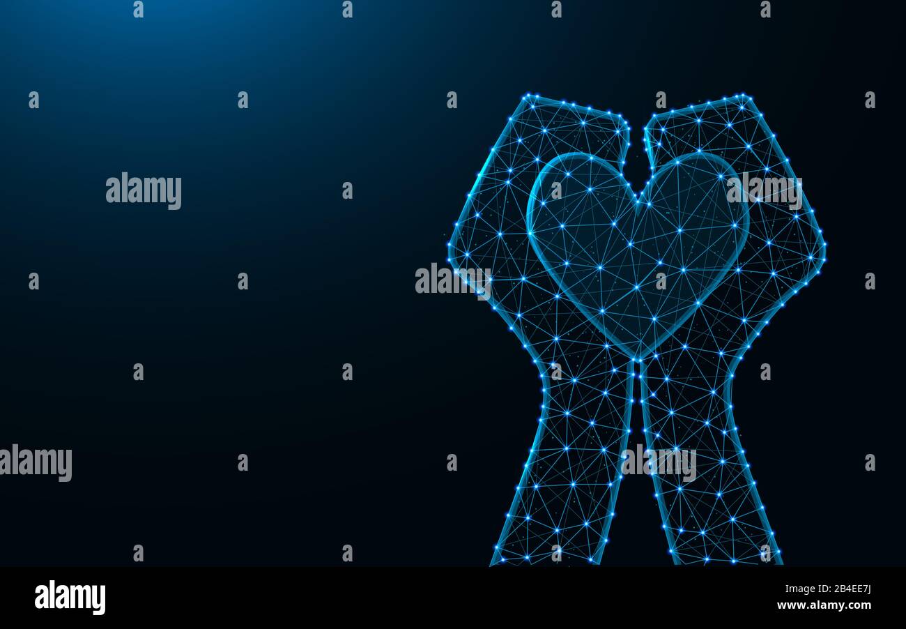 Hands and heart made from points and lines on dark blue background ...