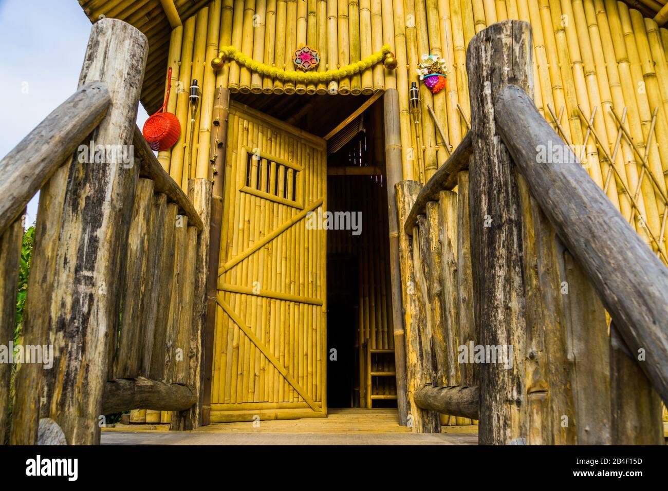 Traditional asian wooden house, entry with doorway, classical home made ...