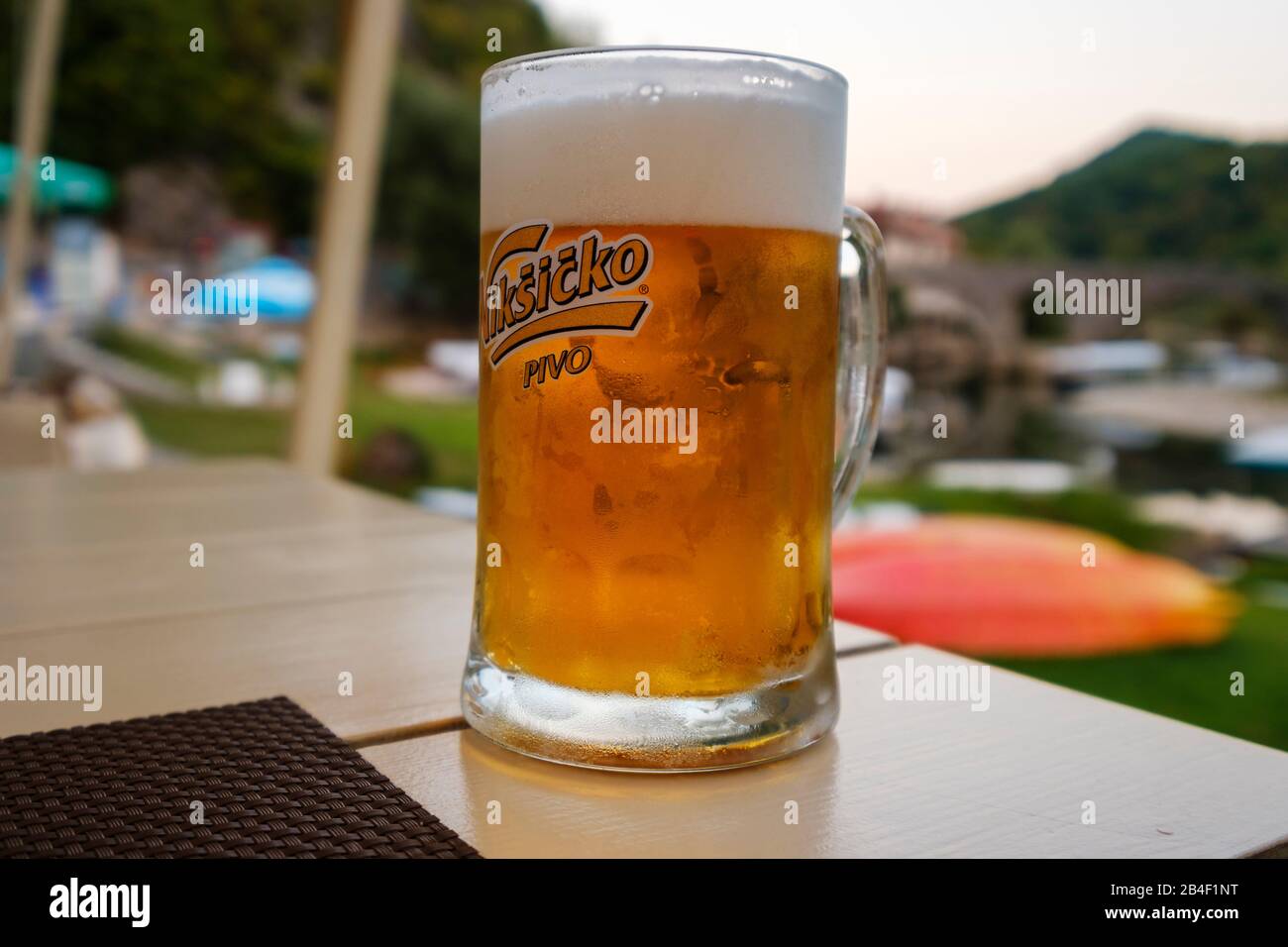 Beer glass with Niksicko beer, Rijeka Crnojevica, Cetinje province ...