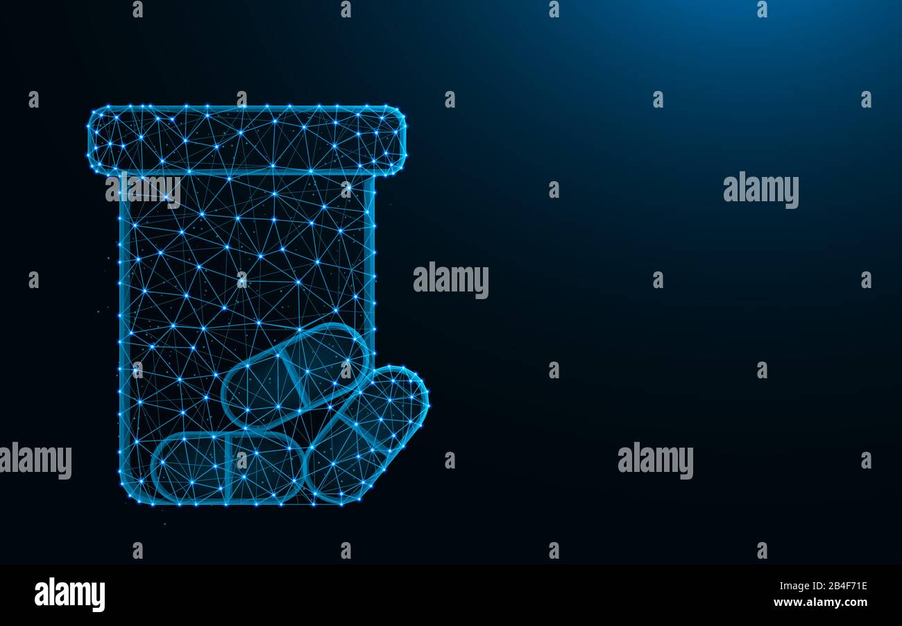 Pills in a jar made from points and lines on dark blue background ...