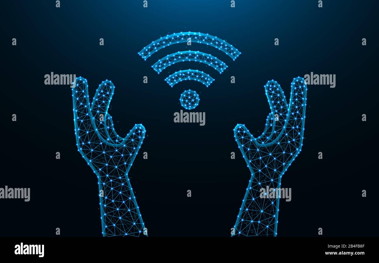 Hands and Wi-Fi made from points and lines on dark blue background ...