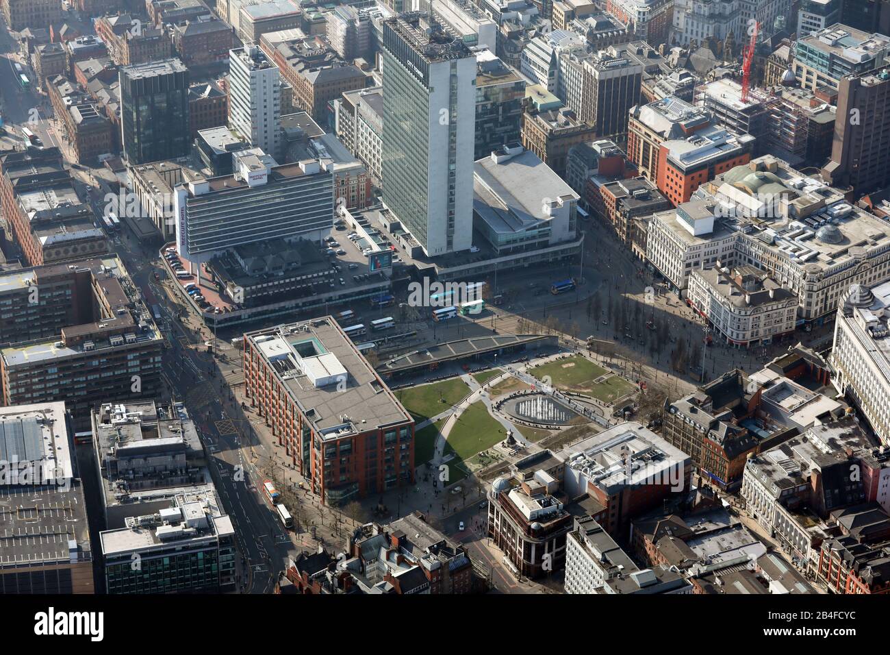 aerial view of Piccadilly Gardens with City Tower, Manchester city ...