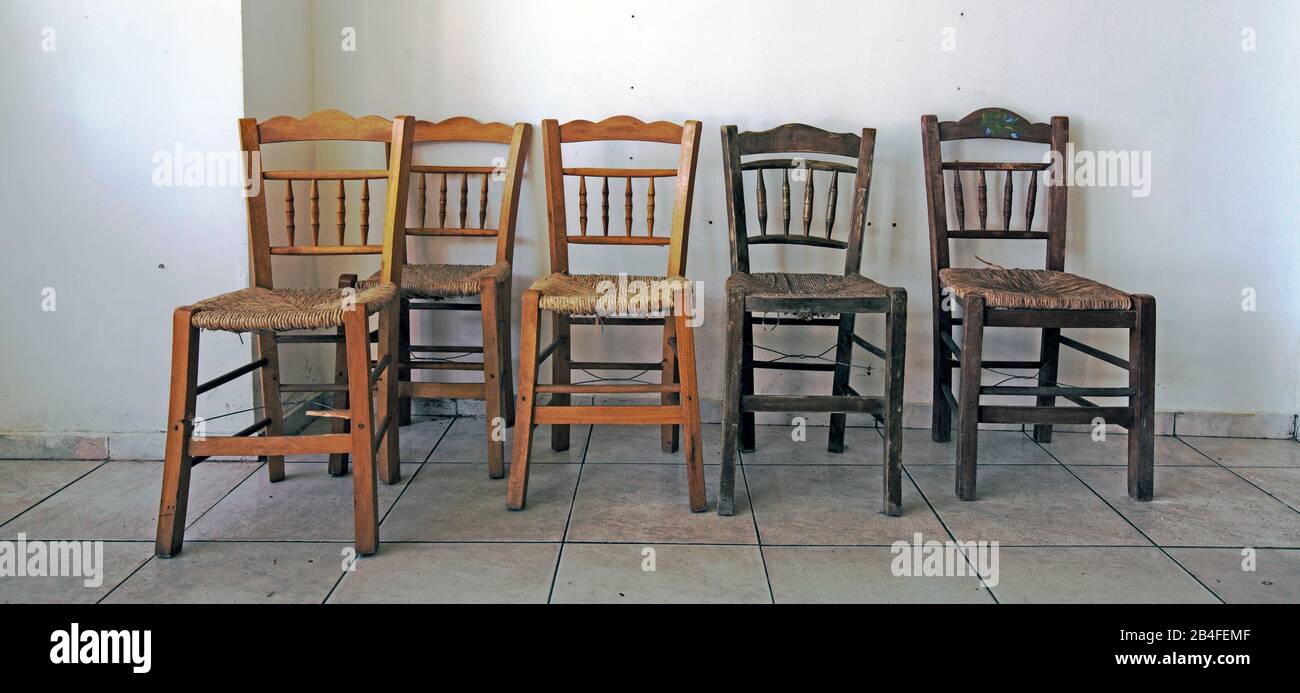 Traditional greek tavern wooden chairs, Greece Stock Photo - Alamy