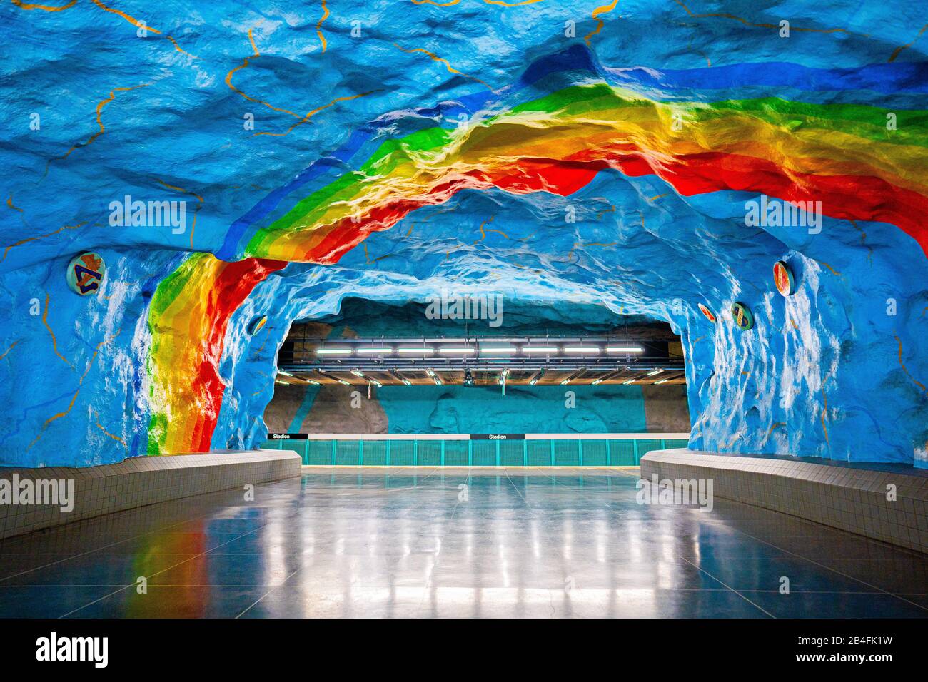 14 February 2020, Stockholm Sweden. Rainbow interior of tunnelbana ...