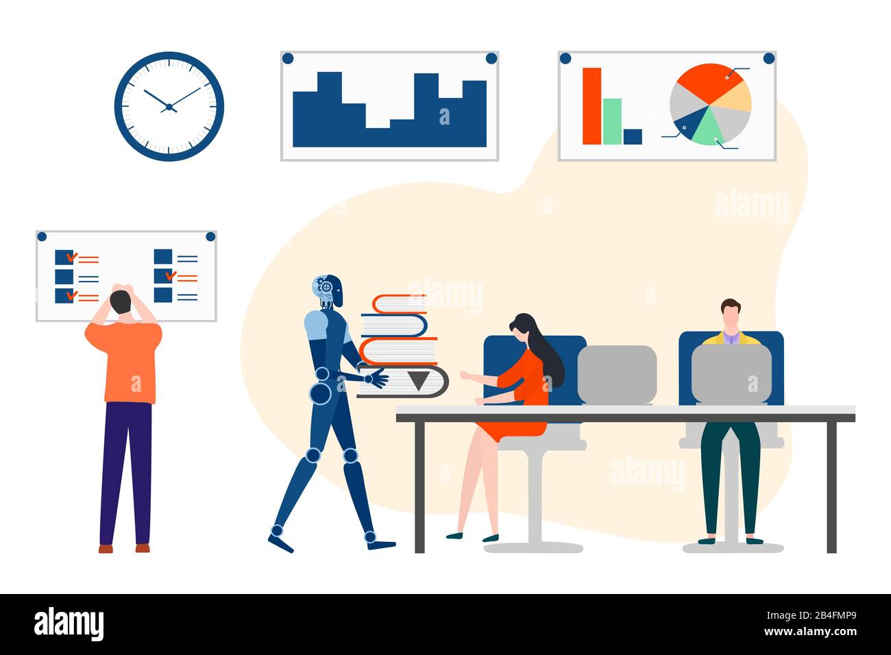 Vector illustration Robot, human teamwork. Partnership with robot ...