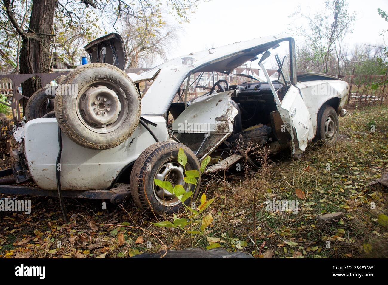 The car had a big accident on the road. Broken car. Car crash accident ...