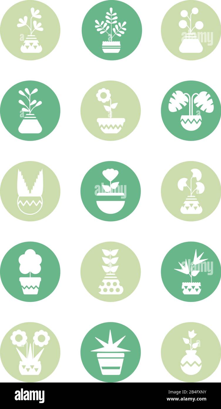 set of icons houseplants with potted, block and flat style icon vector ...