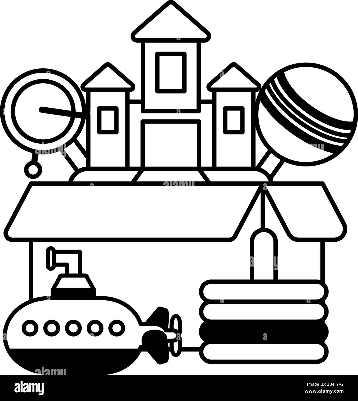 carton box with toys for small children, wooden and plastic toys vector ...