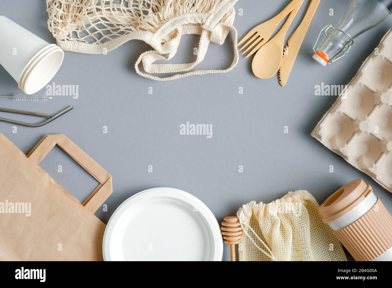 Frame of eco-friendly cutlery, egg box, product bags, bamboo coffee cup ...