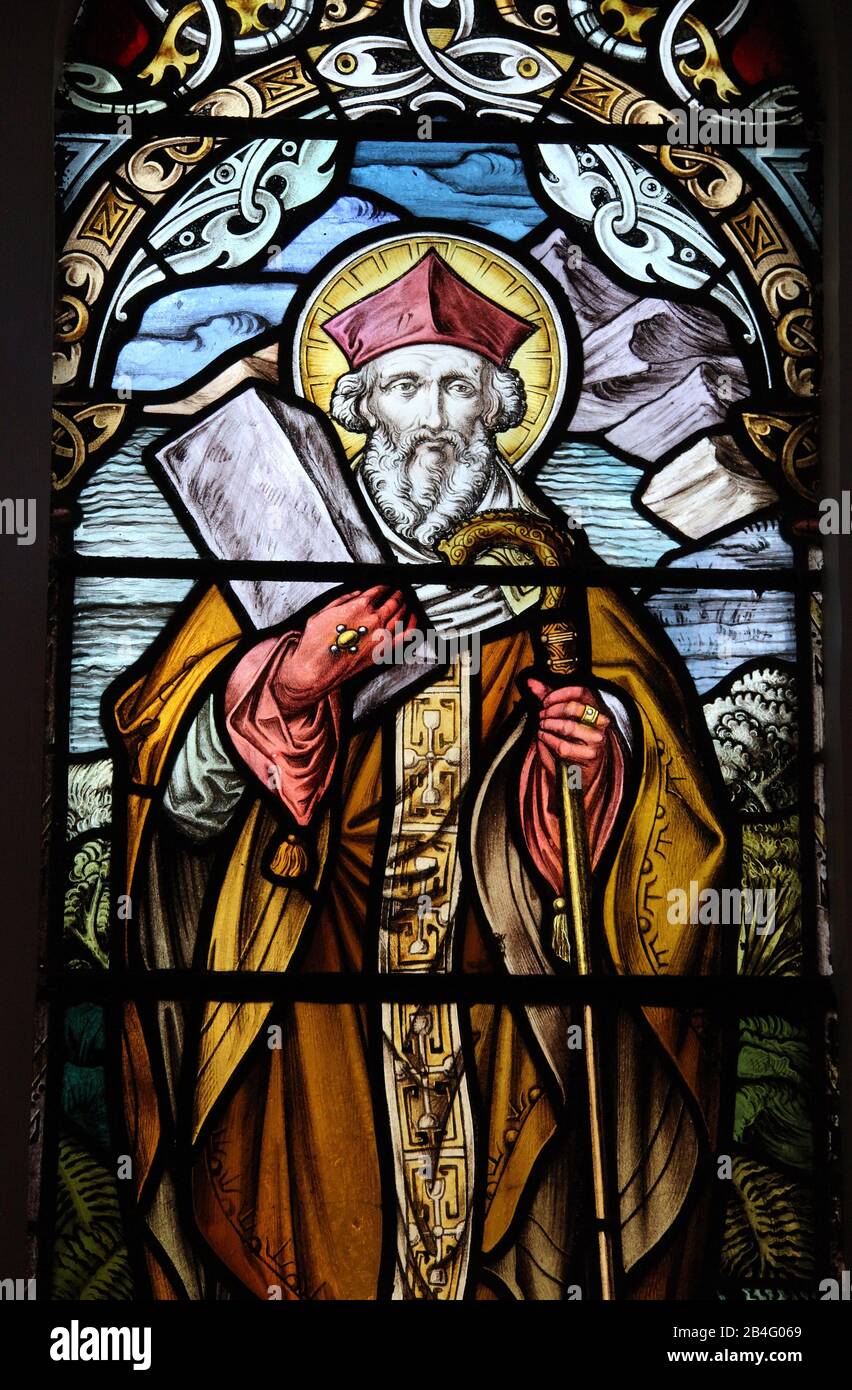 Stained glass window of an Irish Saint at Gougane Barra Oratory in ...