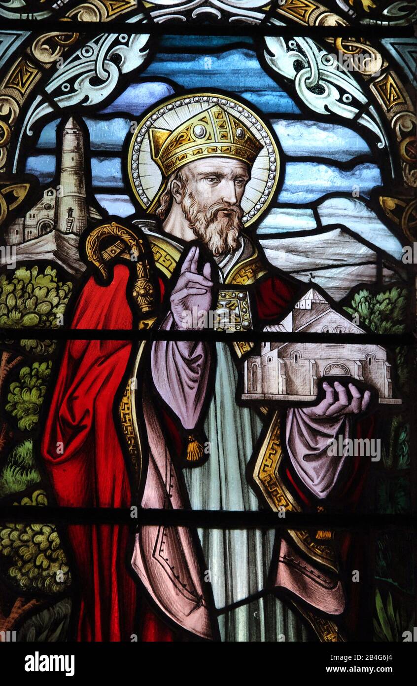 Saint Colman window in the tiny church at Gougane Barra Stock Photo - Alamy