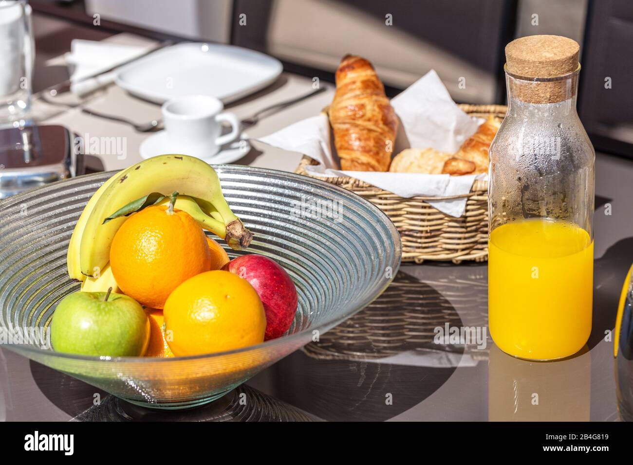 A healthy morning breakfast in the yard. In summer Stock Photo - Alamy