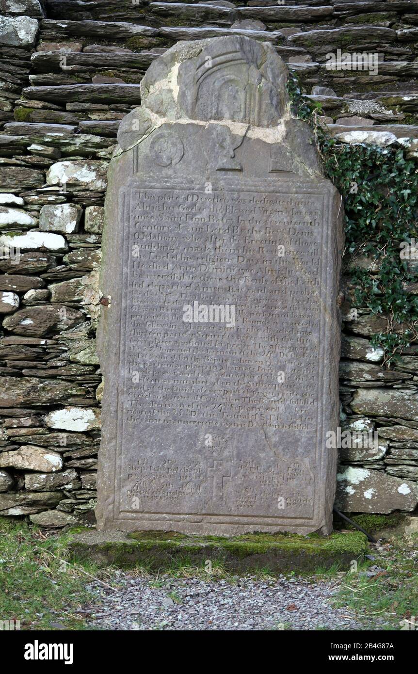 Stone plate of devotion outside the tiny church at Gougane Barra in ...