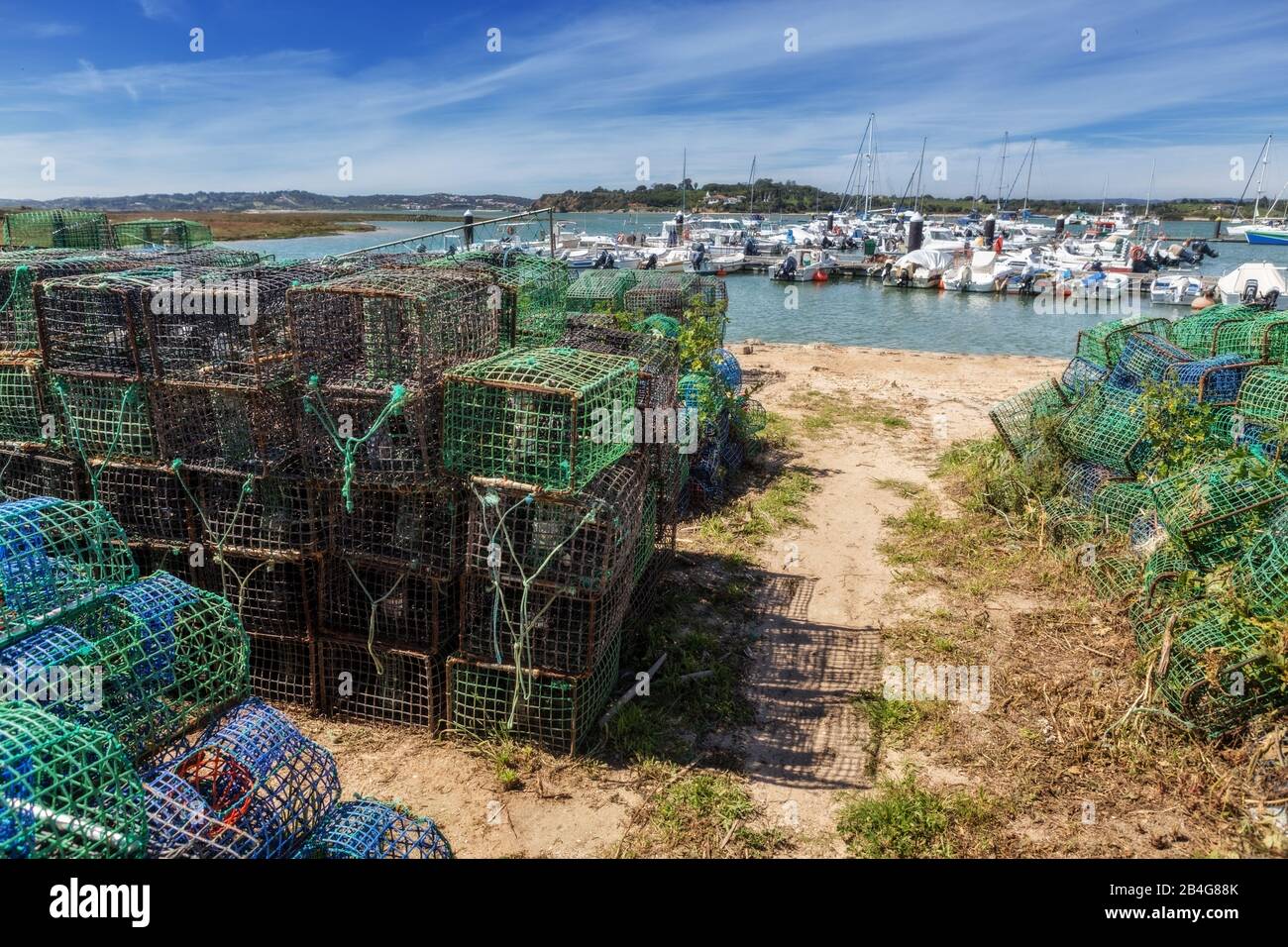 Tackles and traps of fishermen for catching shellfish and fish. In the town of Alvor Algarve ...